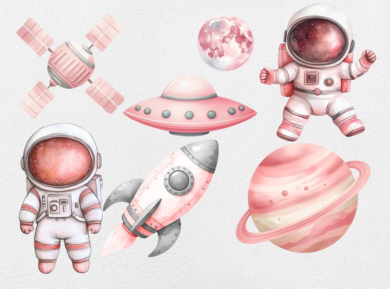 Pink Space Watercolor Clipart for Nursery Decor, Cute Astronaut ...