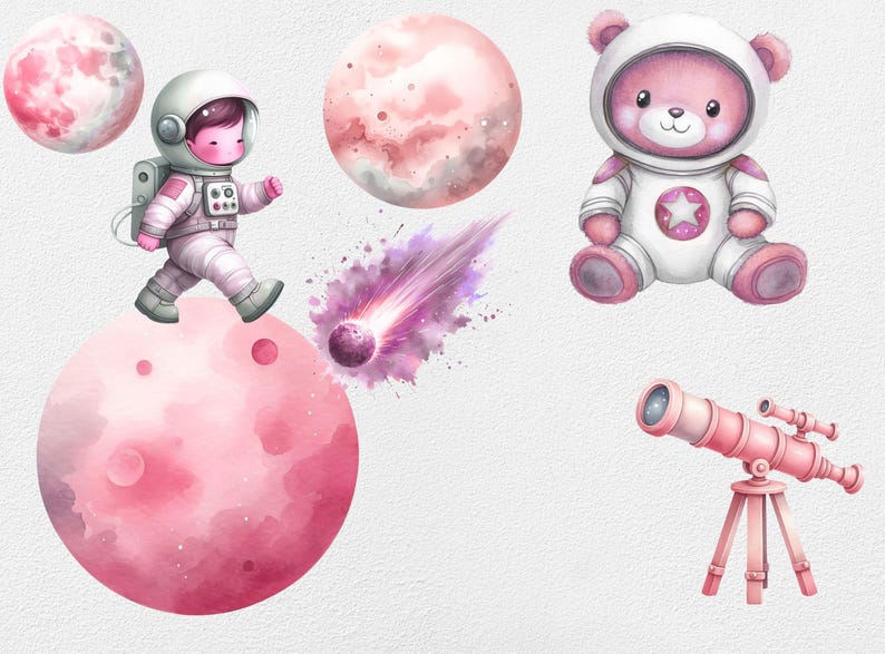 Pink Space Watercolor Clipart for Nursery Decor, Cute Astronaut ...