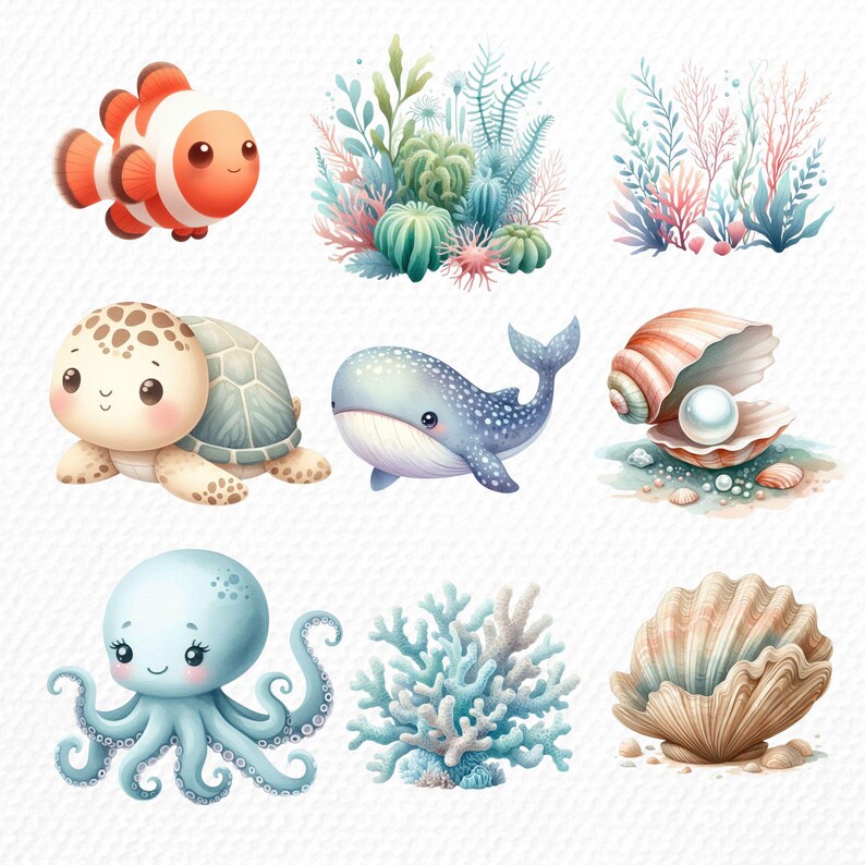 Watercolor Under the Sea Clipart Bundle, Ocean Nursery Nautical PNG ...