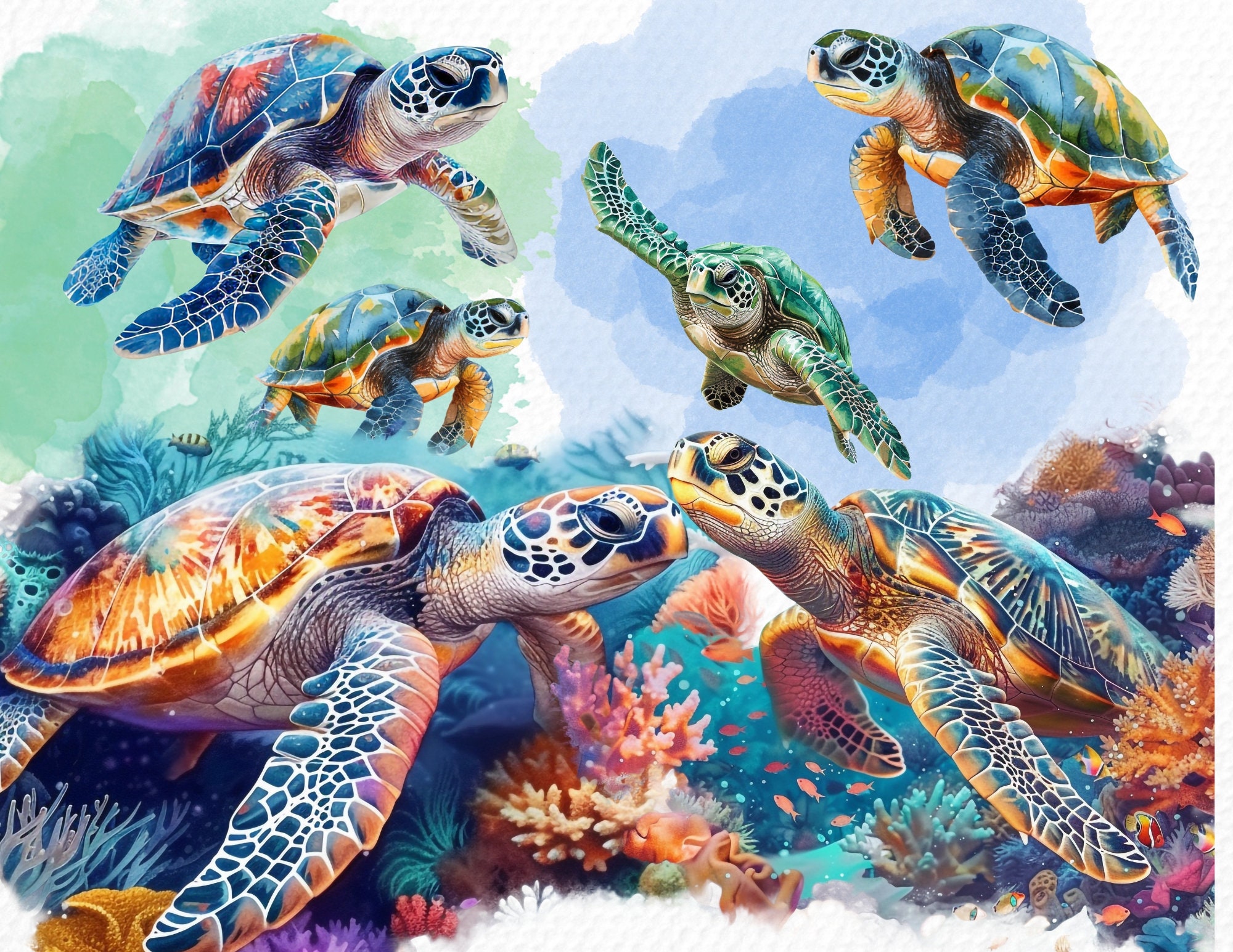 60 Watercolor Sea Turtle Clipart, Cute Nautical Ocean Animals PNG ...