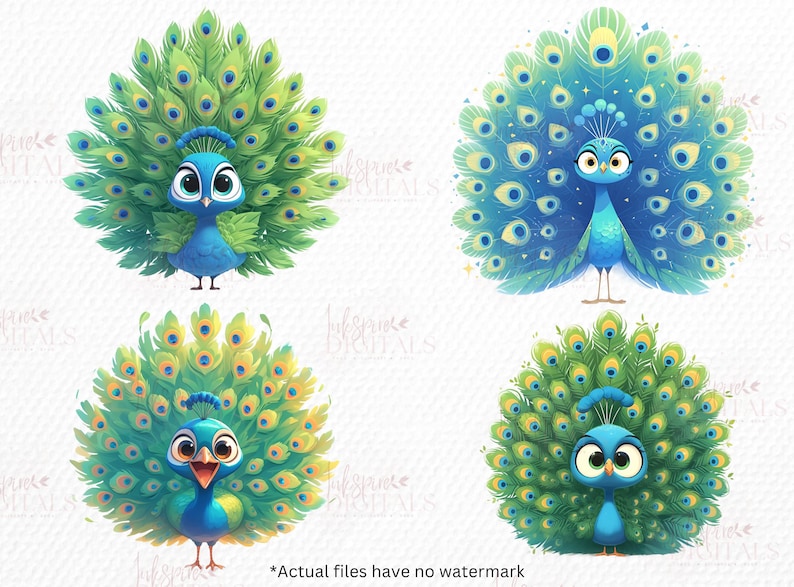 Cute Peacock Clipart, Adorable Cartoon Style Bundle, Nursery Animals ...