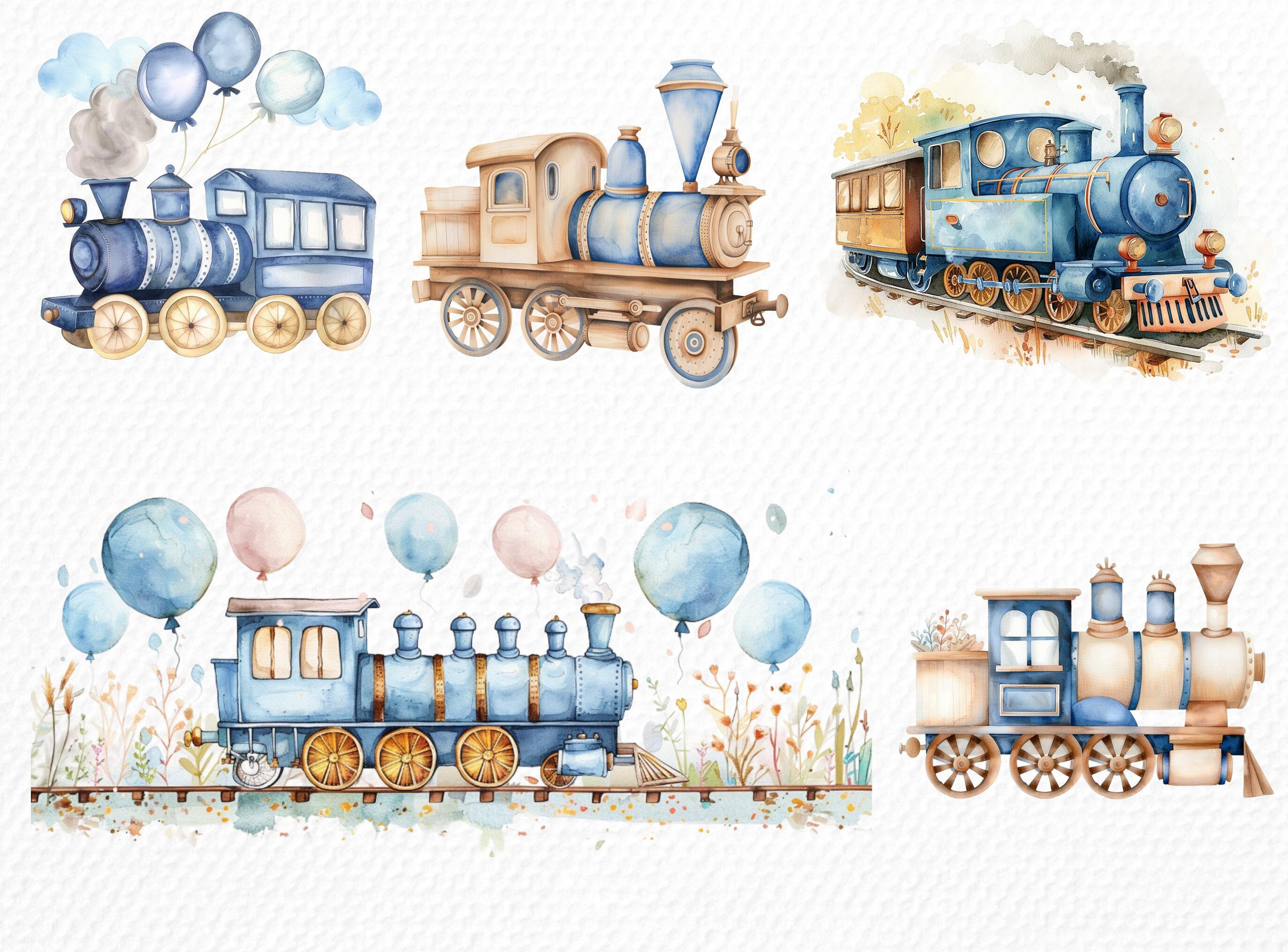 Watercolor Train Clipart Bundle, Transparent PNG Graphics, for Nursery ...