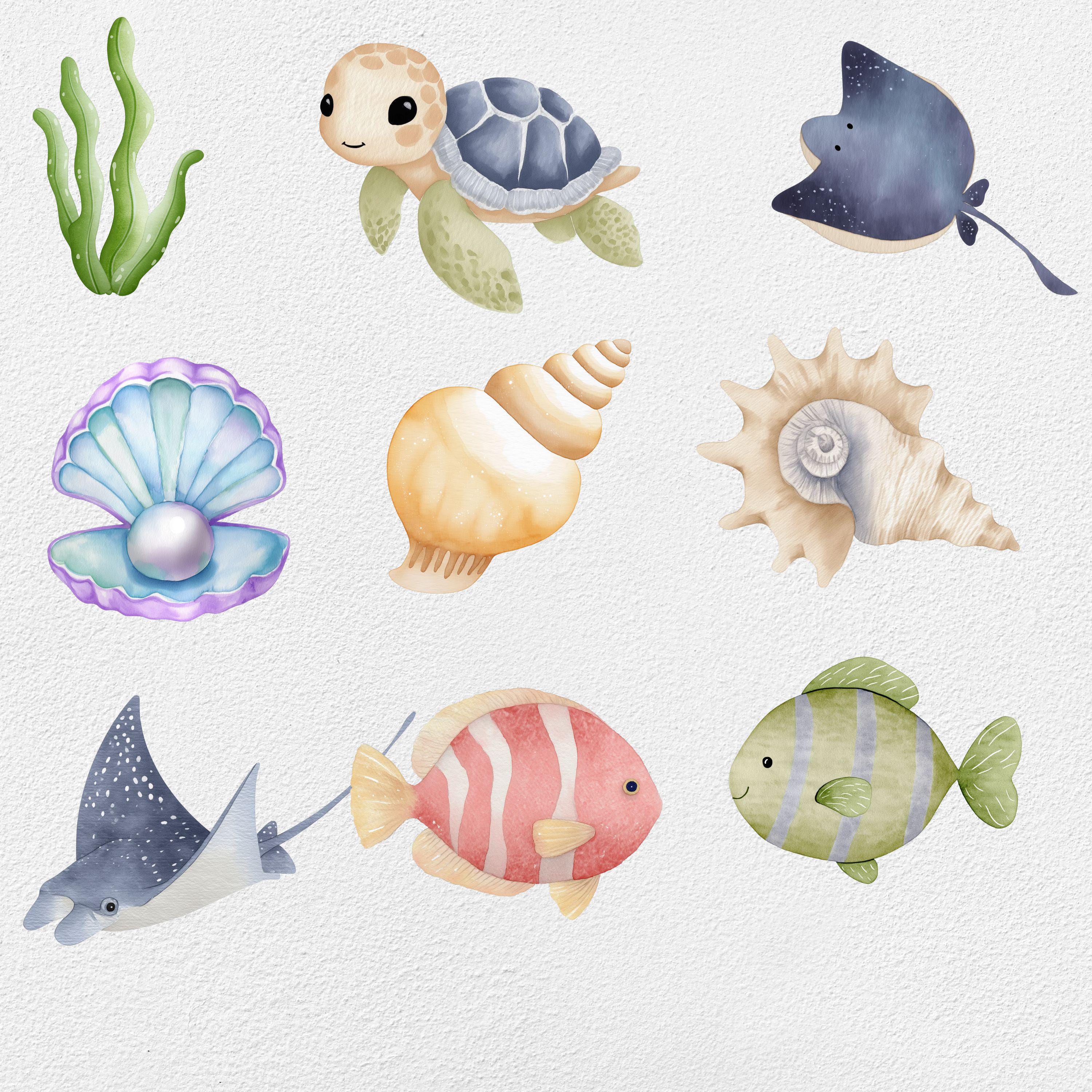 Undersea Watercolor Clipart Nursery Decor, Cute Ocean Animals PNG ...