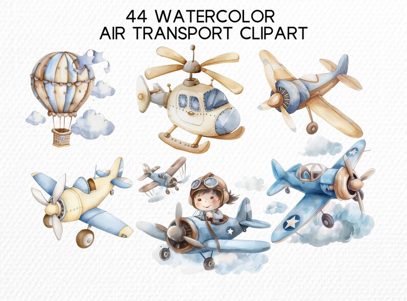 Watercolor Airplane Clipart, Air Transport, Helicopter, Hot Air Balloon ...