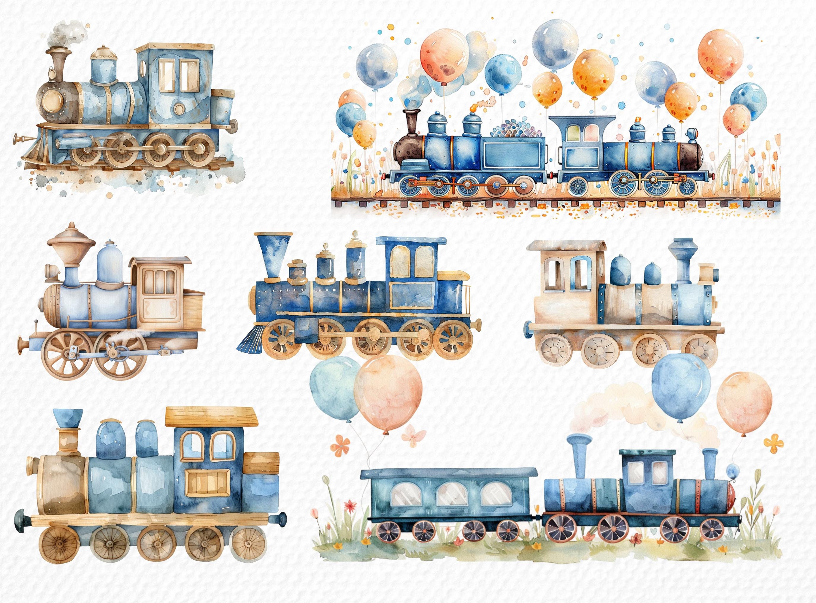 Watercolor Train Clipart Bundle, Transparent PNG Graphics, for Nursery ...