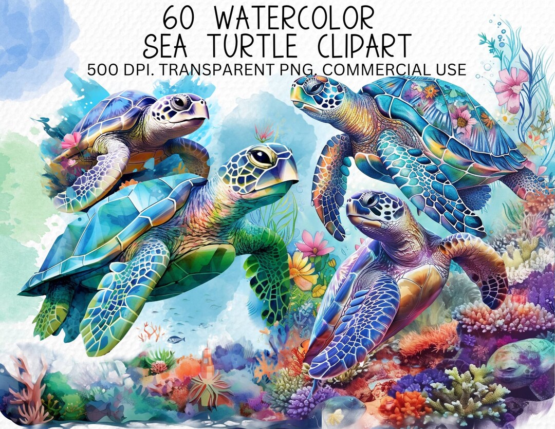 60 Watercolor Sea Turtle Clipart, Cute Nautical Ocean Animals PNG ...