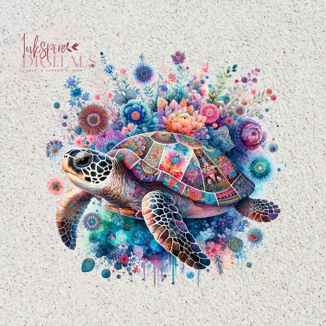 Boho Chic Watercolor Floral Sea Turtle Clipart, for Sublimation ...