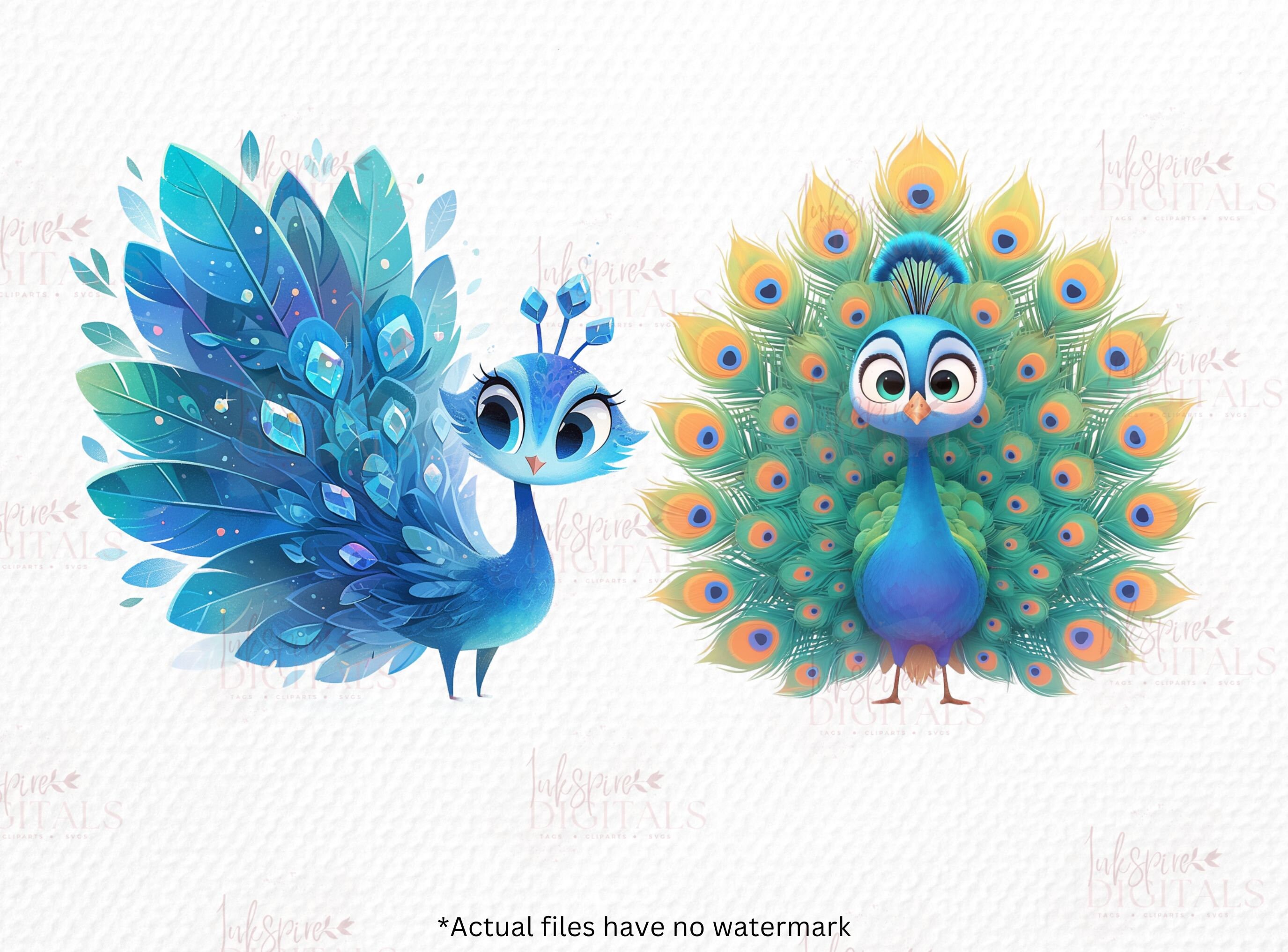 Cute Peacock Clipart, Adorable Cartoon Style Bundle, Nursery Animals ...
