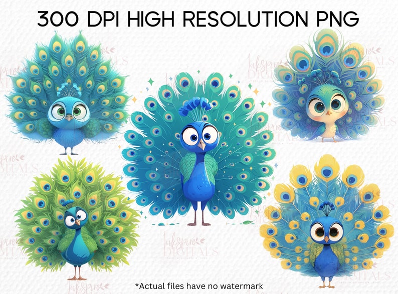 Cute Peacock Clipart, Adorable Cartoon Style Bundle, Nursery Animals ...