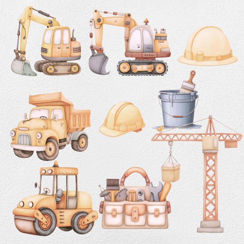 Construction Watercolor Clipart Bundle | Trucks, Crane, Excavator Pngs ...