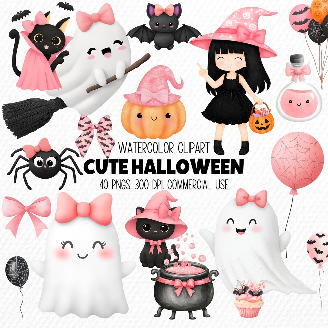 Cute Halloween Watercolor Clipart Bundle - Ghost, Pumpkin, Cat, Bat ...