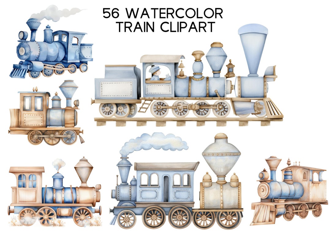 Watercolor Train Clipart Bundle, Transparent PNG Graphics, for Nursery ...