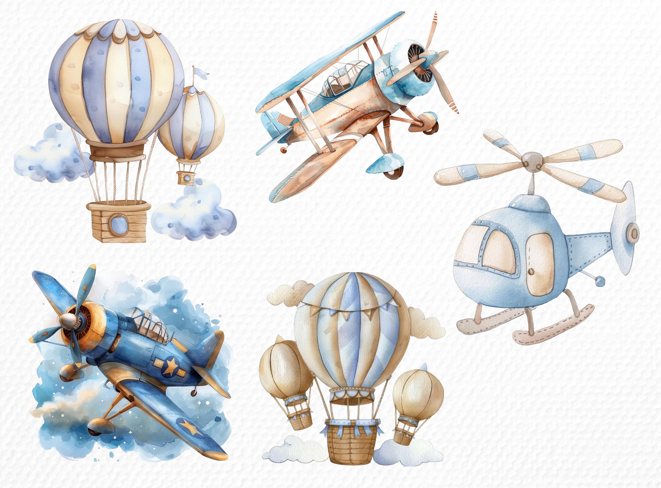 Watercolor Airplane Clipart, Air Transport, Helicopter, Hot Air Balloon ...