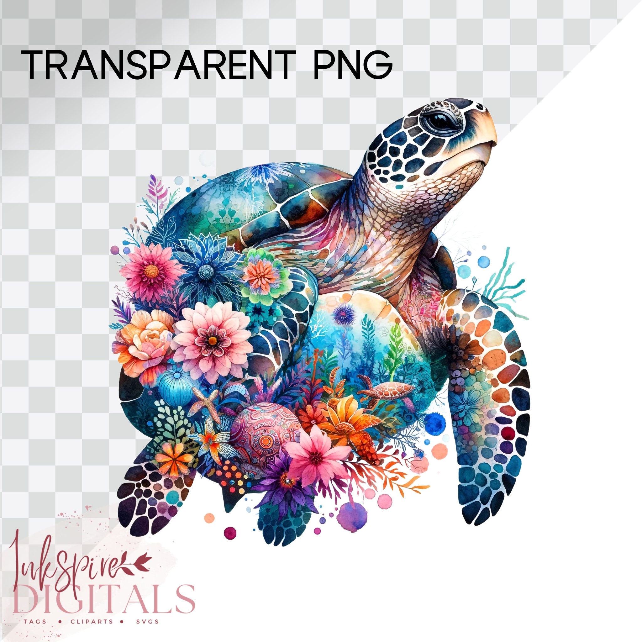 Boho Chic Watercolor Floral Sea Turtle Clipart, for Sublimation ...