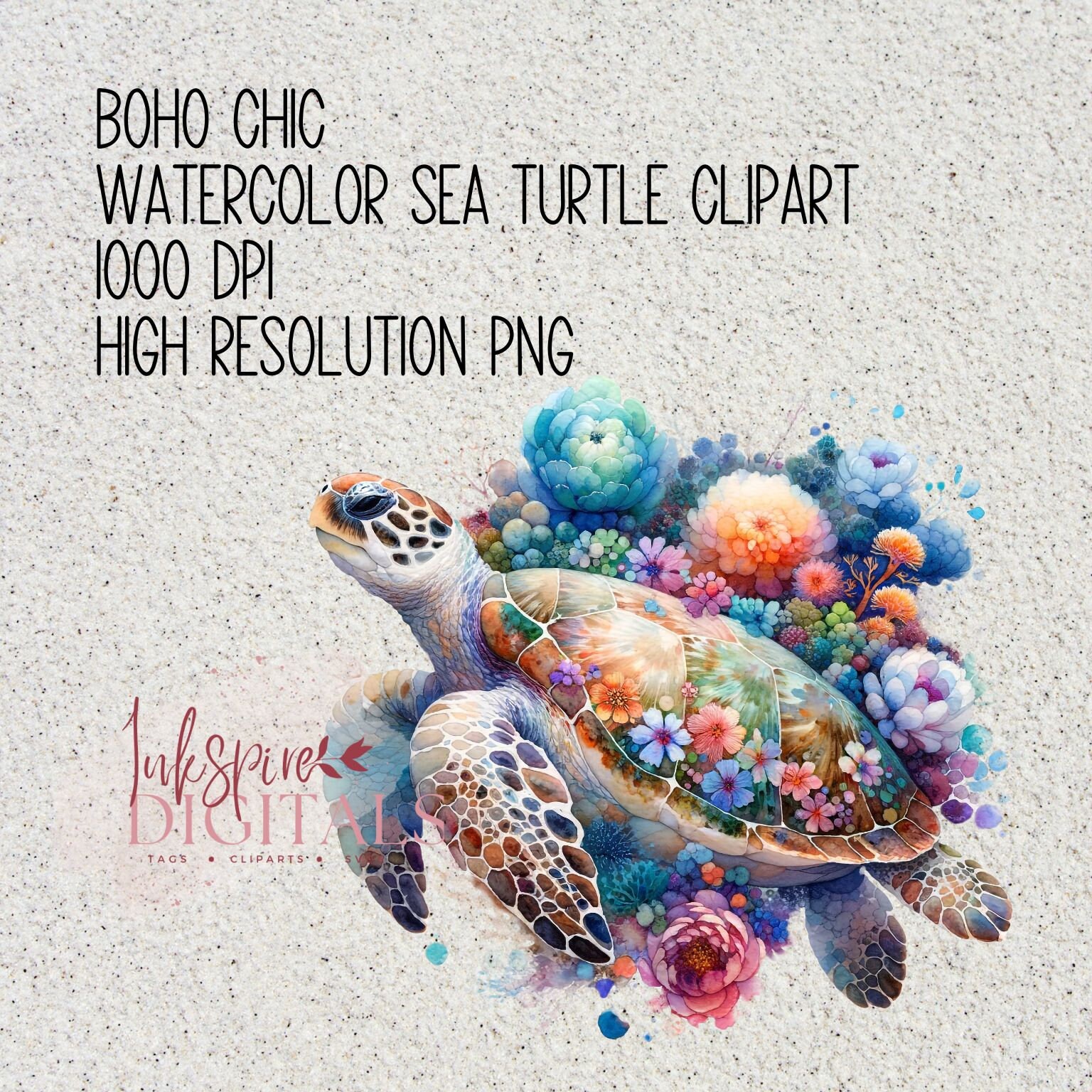 Boho Watercolor Floral Sea Turtle Clipart, for Sublimation Tumblers ...