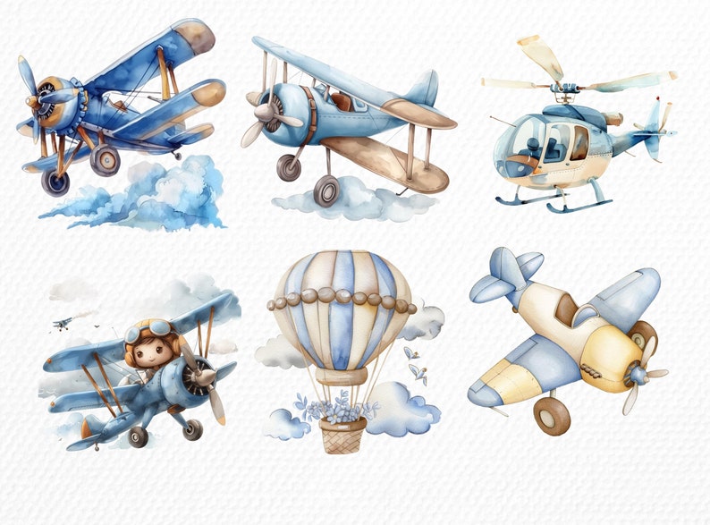 Watercolor Airplane Clipart, Air Transport, Helicopter, Hot Air Balloon ...