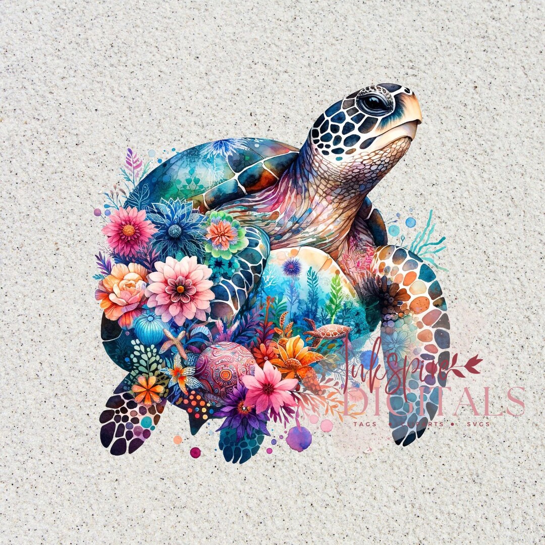 Boho Chic Watercolor Floral Sea Turtle Clipart, for Sublimation ...