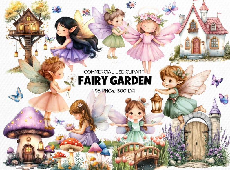 Watercolor Magical Garden Pink Fairies Clipart Bundle | Cute Fantasy Forest Fairy Birthday ...