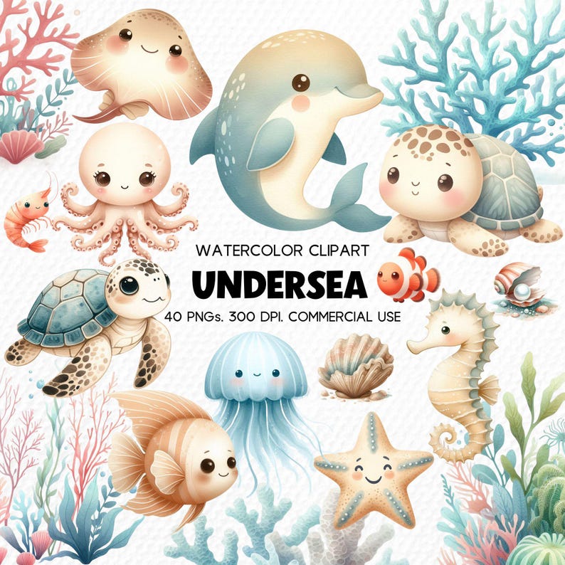 Watercolor Under the Sea Clipart Bundle, Ocean Nursery Nautical PNG ...