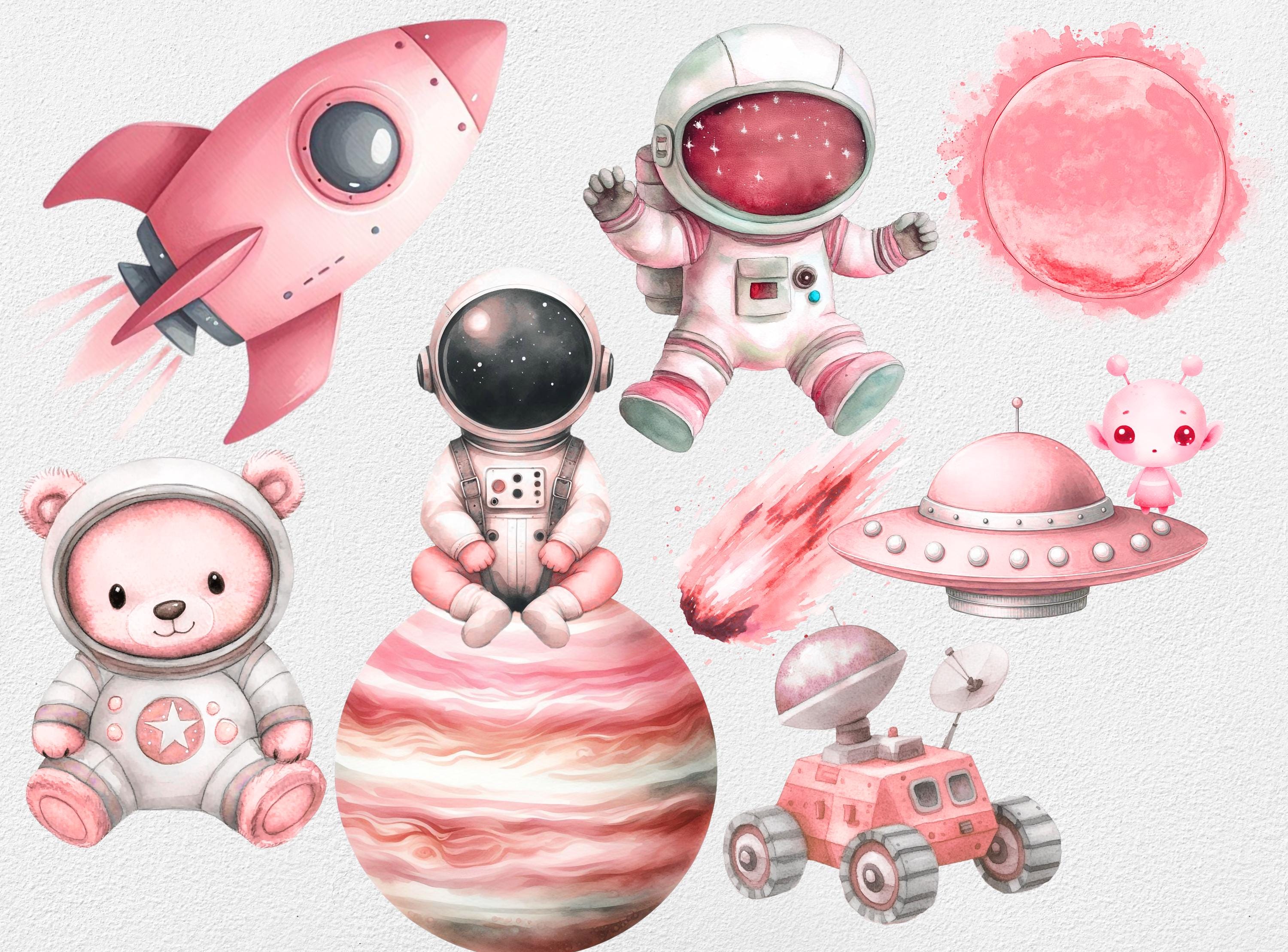 Pink Space Watercolor Clipart for Nursery Decor, Cute Astronaut ...