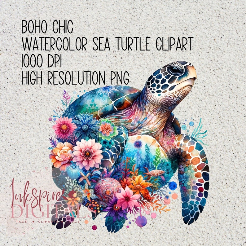 Boho Chic Watercolor Floral Sea Turtle Clipart, for Sublimation ...