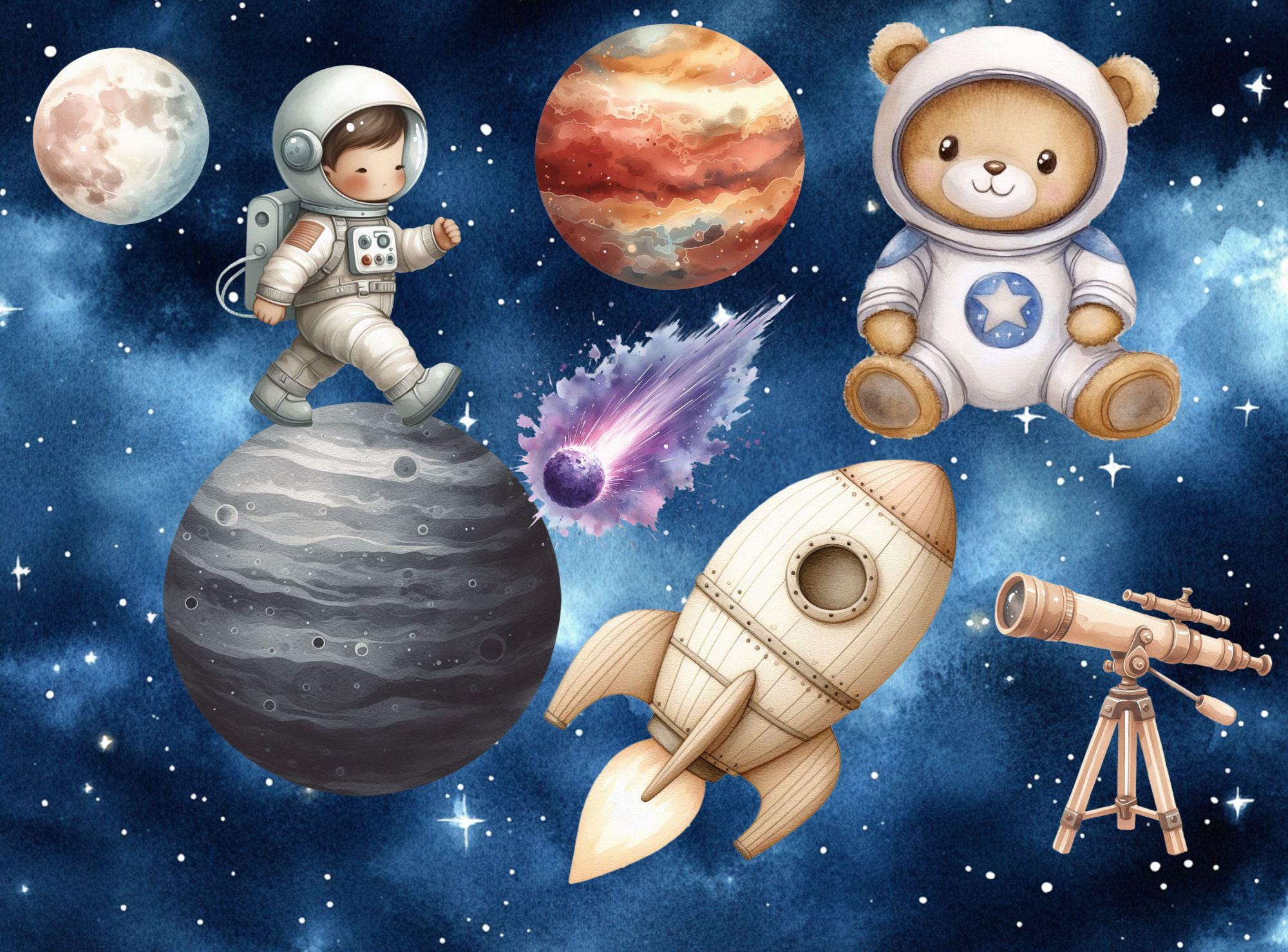 Space Watercolor Clipart for Nursery Decor, Cute Astronaut & Planets ...