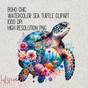 Boho Chic Watercolor Floral Sea Turtle Clipart, for Sublimation ...