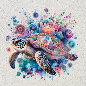 Boho Chic Watercolor Floral Sea Turtle Clipart, for Sublimation ...