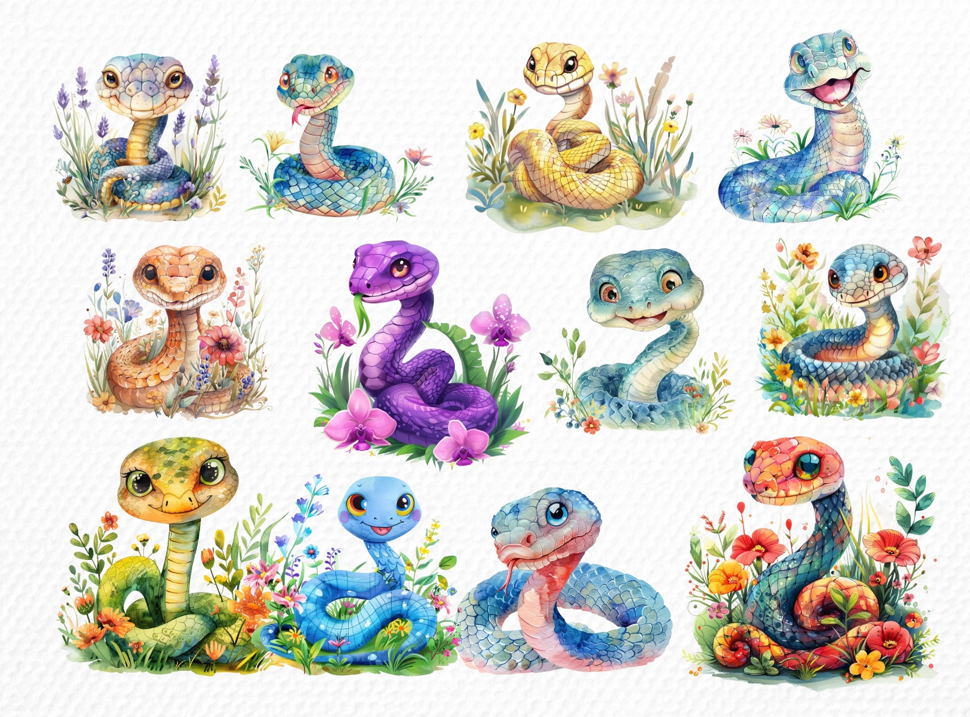 Cute Watercolor Snake Clipart Collection Rattle Snake Adorable Nursery ...