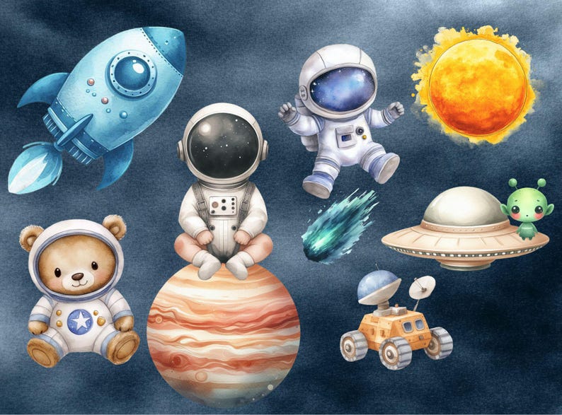 Space Watercolor Clipart for Nursery Decor, Cute Astronaut & Planets ...