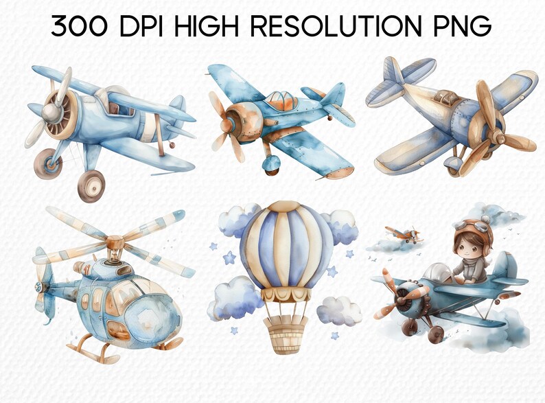 Watercolor Airplane Clipart, Air Transport, Helicopter, Hot Air Balloon ...