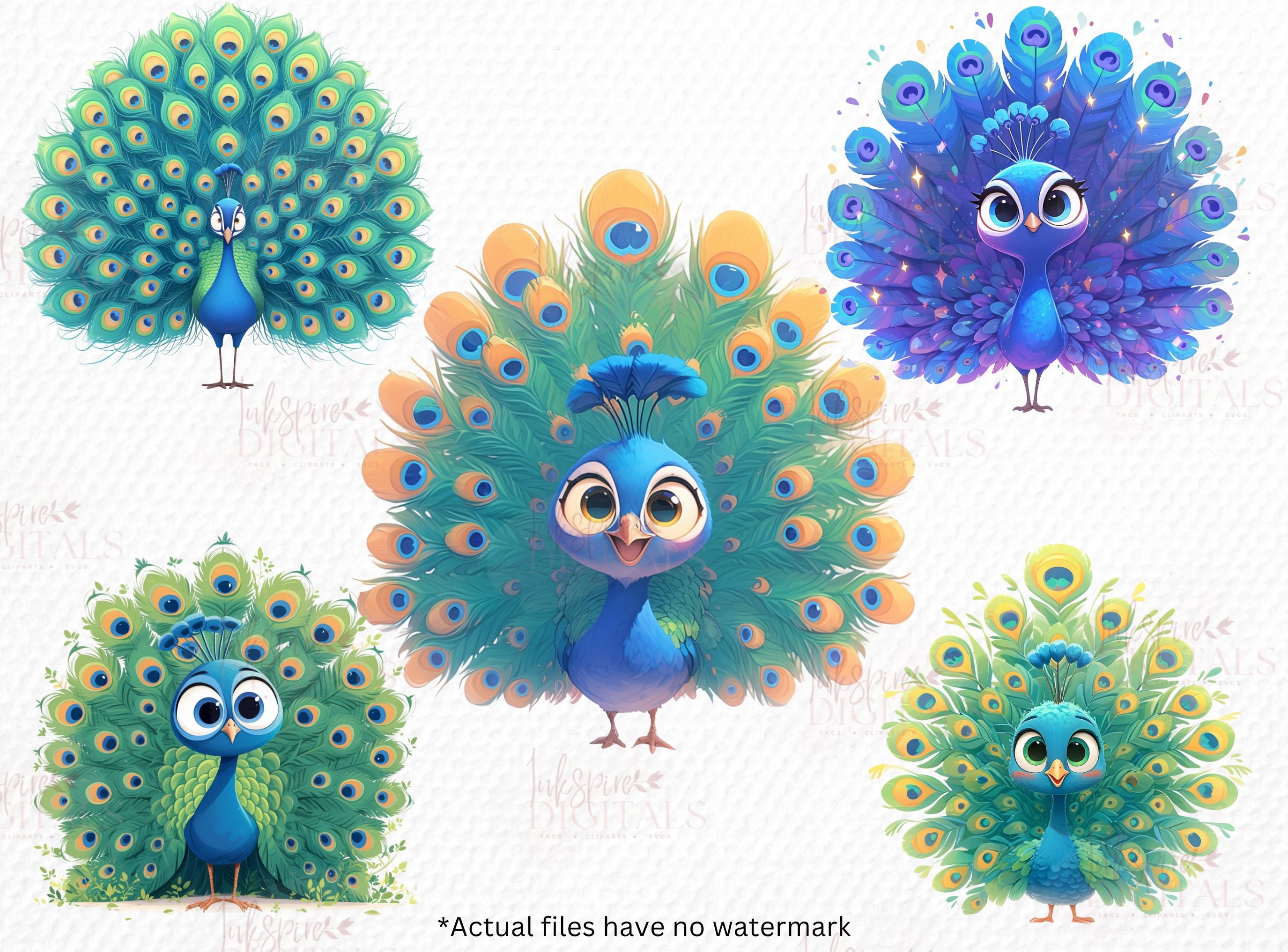 Cute Peacock Clipart, Adorable Cartoon Style Bundle, Nursery Animals ...