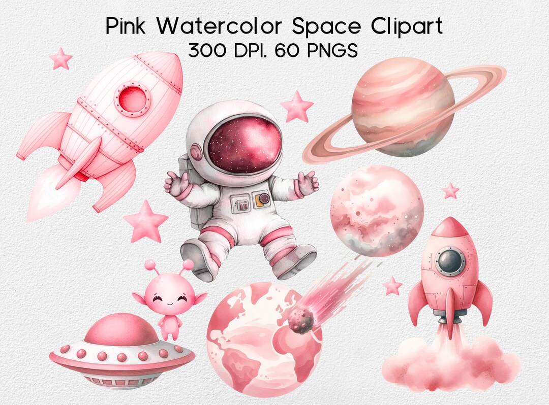 Pink Space Watercolor Clipart for Nursery Decor, Cute Astronaut ...