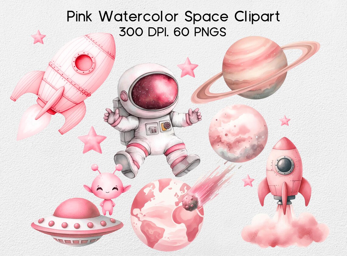 Pink Space Watercolor Clipart for Nursery Decor, Cute Astronaut ...
