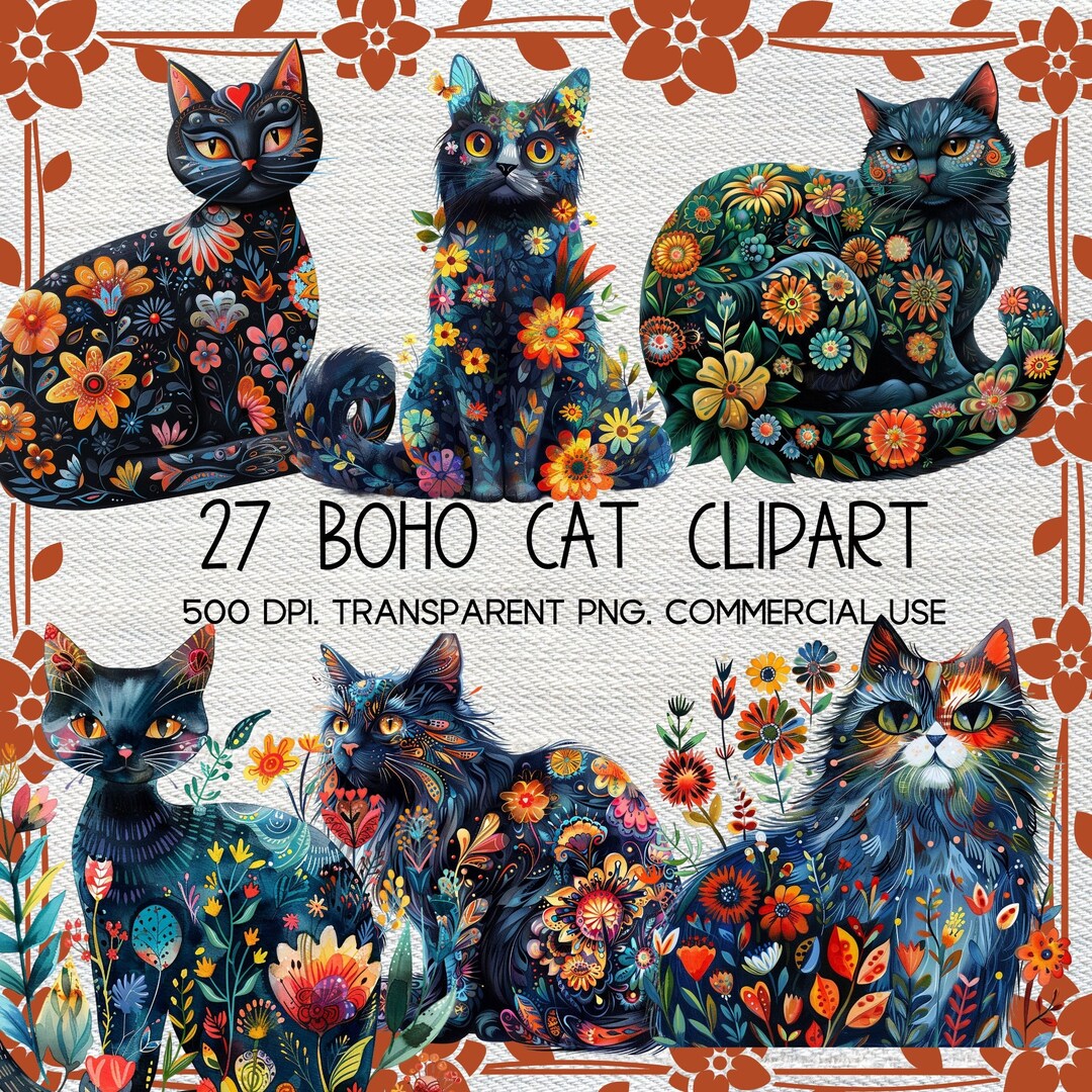 Cool Cats Clipart, Boho Transparent PNG, Commercial Use, Instant ...