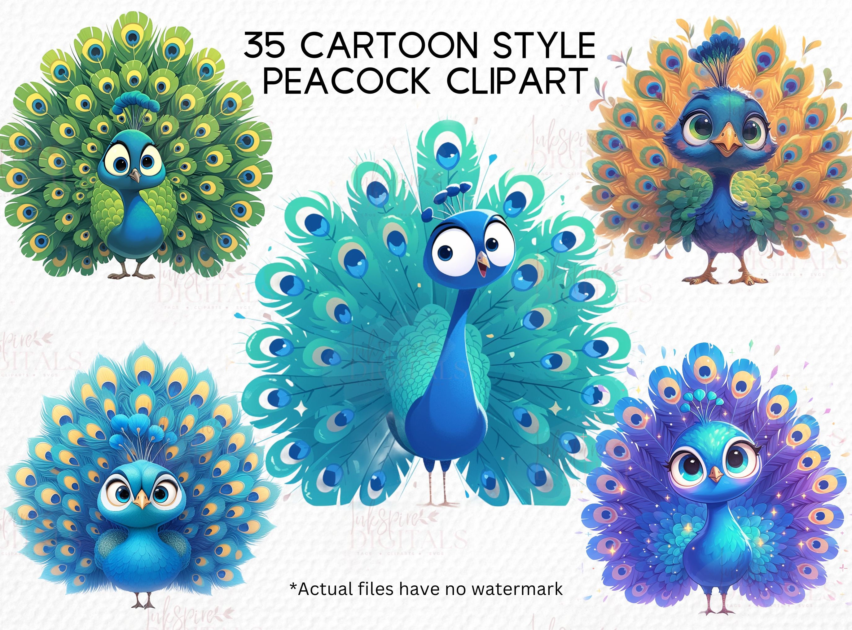 Cute Peacock Clipart, Adorable Cartoon Style Bundle, Nursery Animals ...