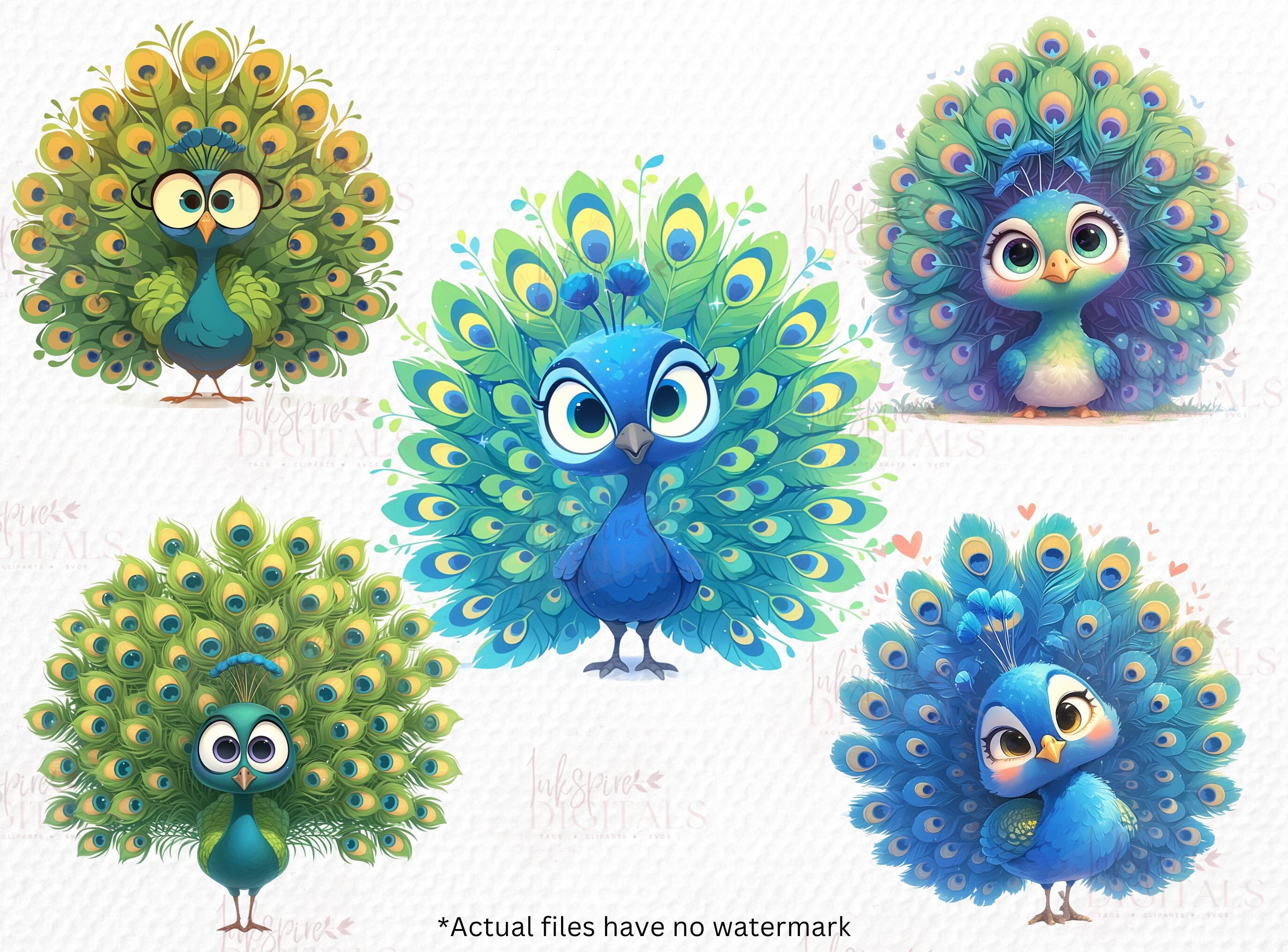 Cute Peacock Clipart, Adorable Cartoon Style Bundle, Nursery Animals ...