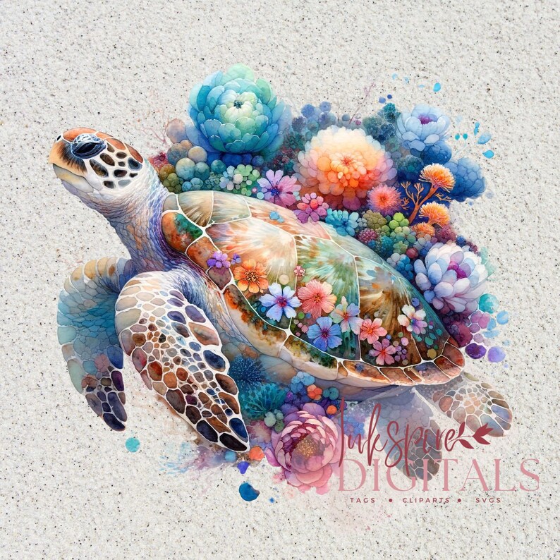 Boho Watercolor Floral Sea Turtle Clipart, for Sublimation Tumblers ...