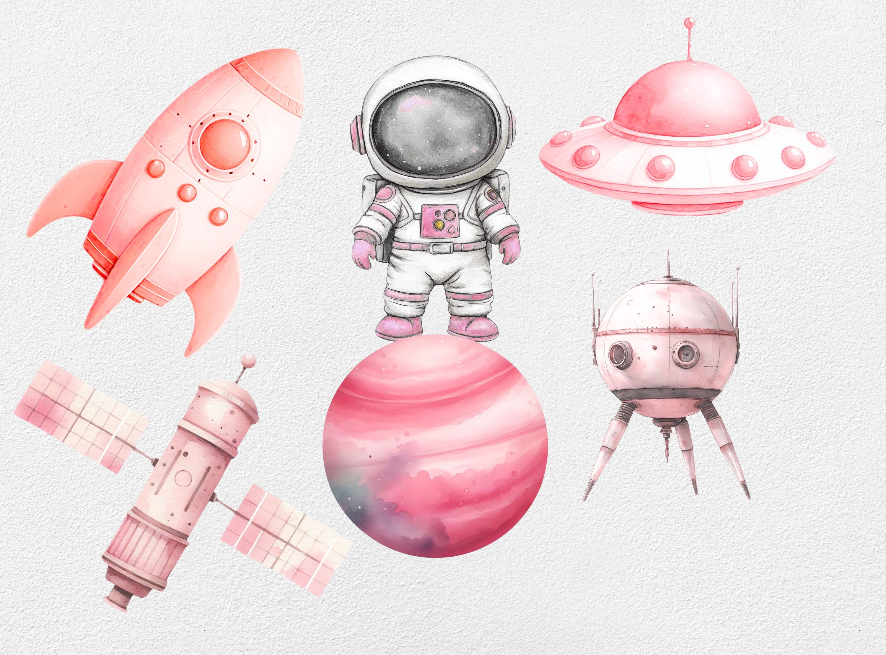 Pink Space Watercolor Clipart for Nursery Decor, Cute Astronaut ...