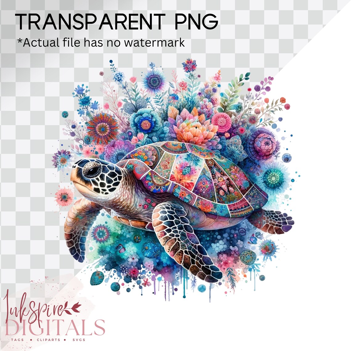 Boho Chic Watercolor Floral Sea Turtle Clipart, for Sublimation ...