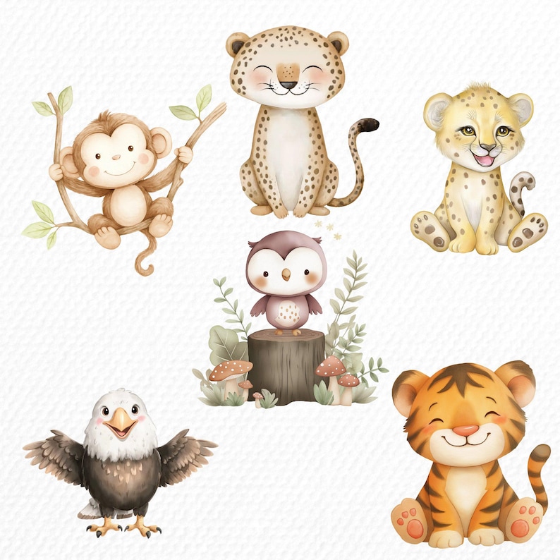 Safari Animals Watercolor Clipart Pngs for Baby Nursery, Shower and ...