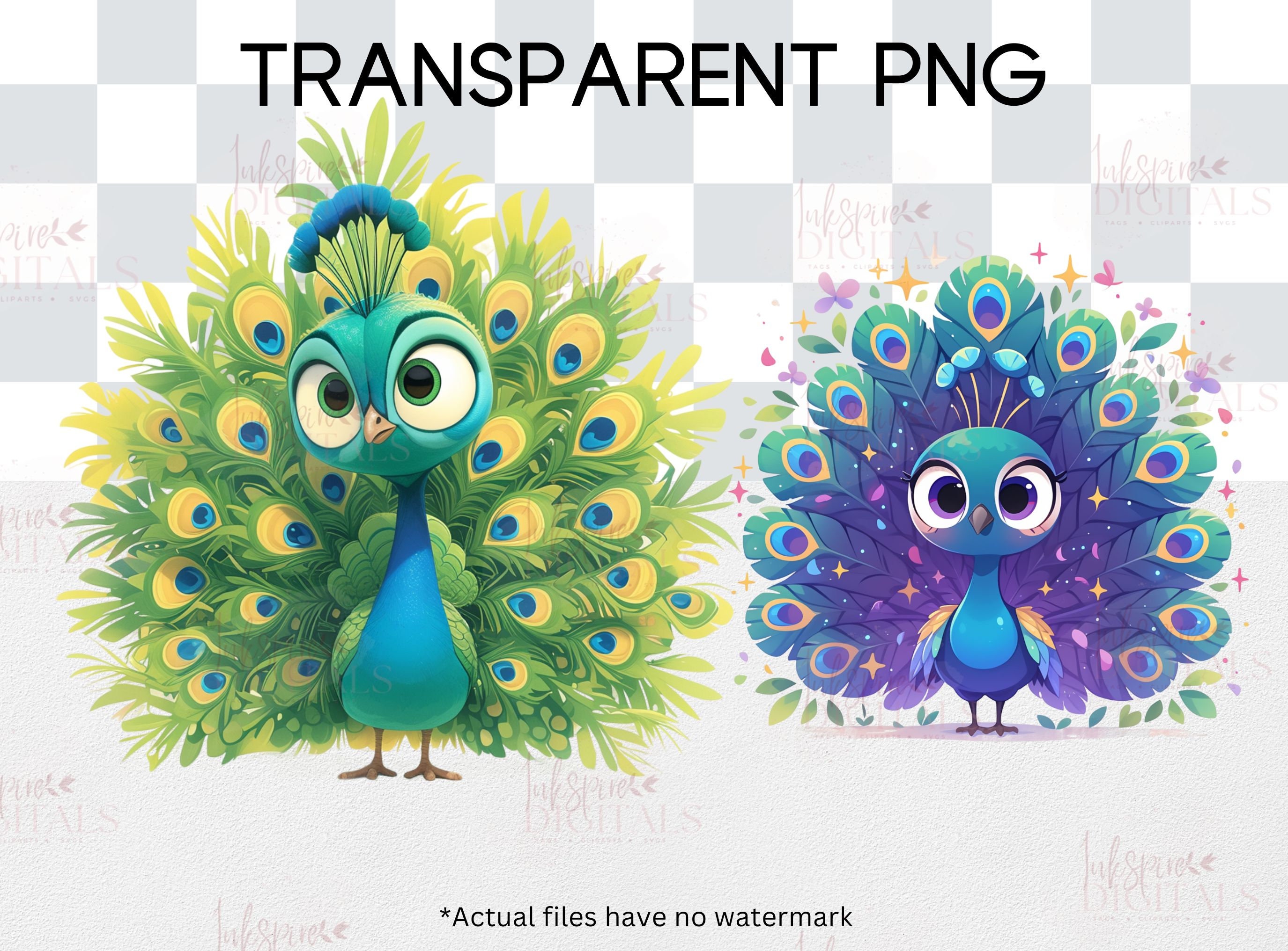 Cute Peacock Clipart, Adorable Cartoon Style Bundle, Nursery Animals ...