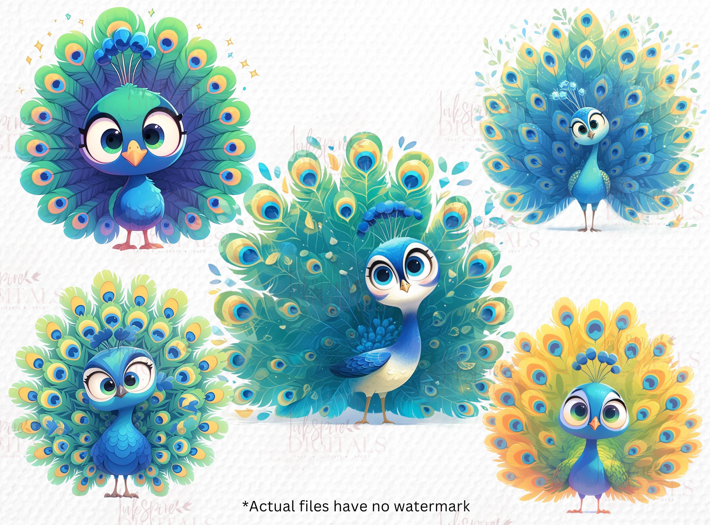 Cute Peacock Clipart, Adorable Cartoon Style Bundle, Nursery Animals ...