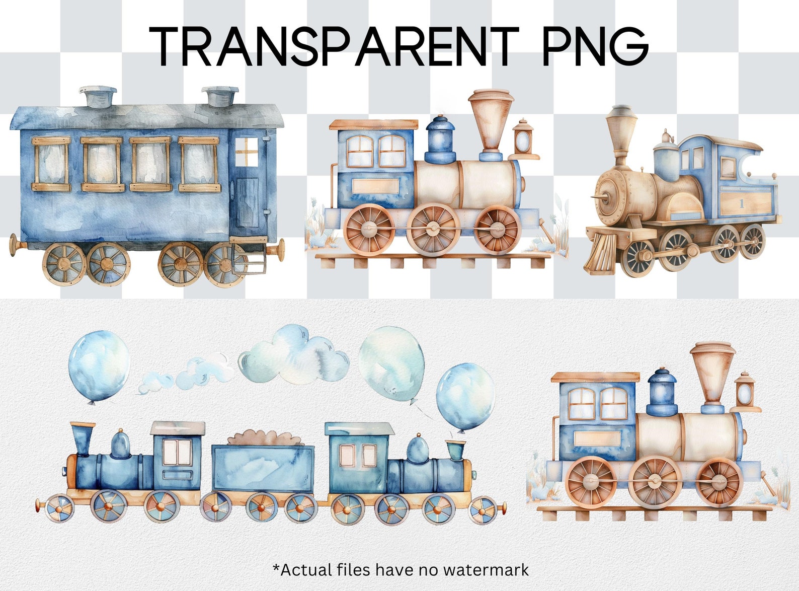 Watercolor Train Clipart Bundle, Transparent PNG Graphics, for Nursery ...