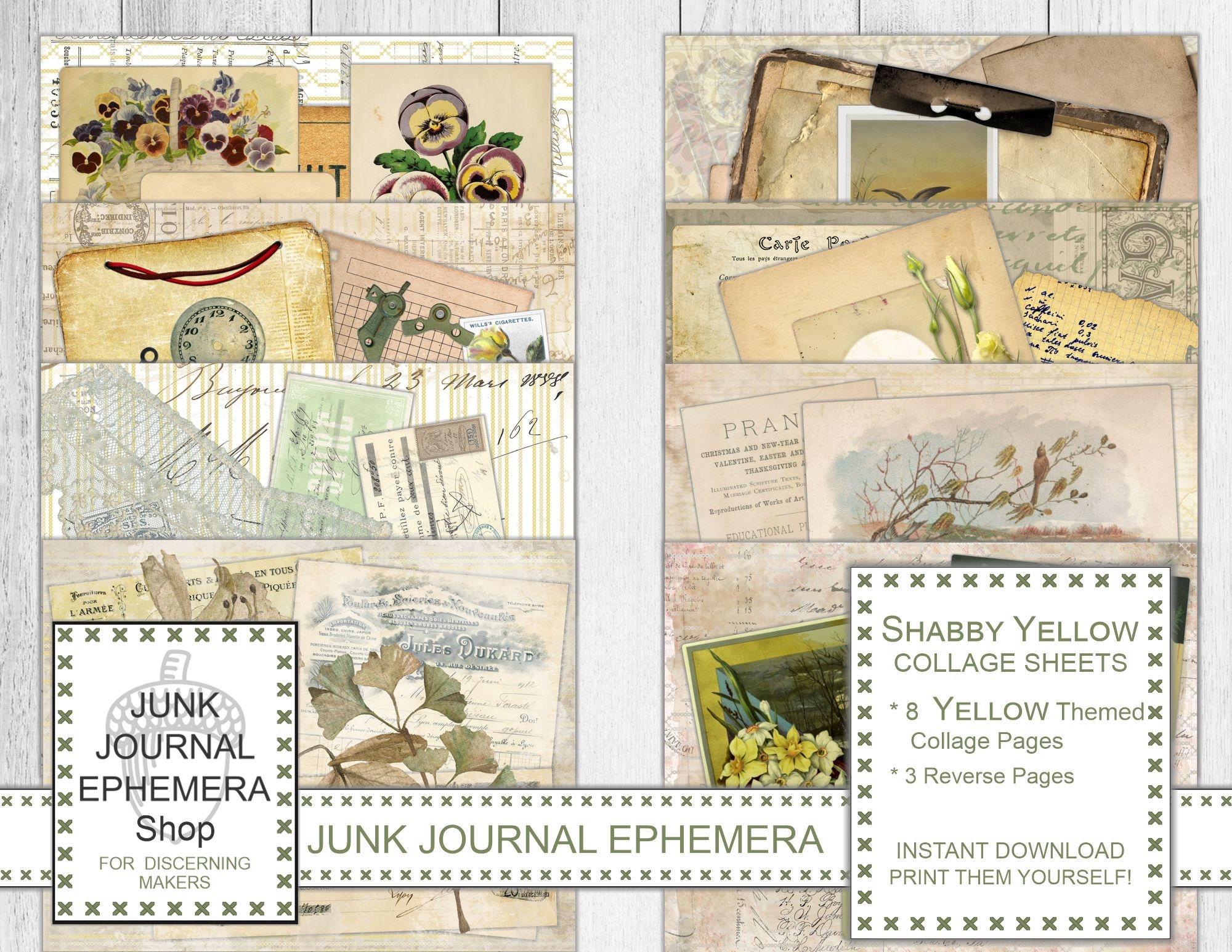 Shabby Yellow Themed Collage Junk Journal Kit, Shabby Yellow Reverse ...