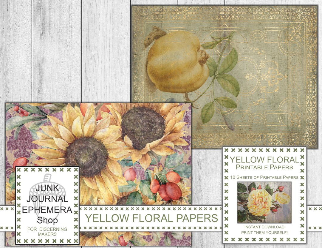 Yellow Floral Printable Papers, Vintage Ephemera, Shabby Yellow, Junk ...