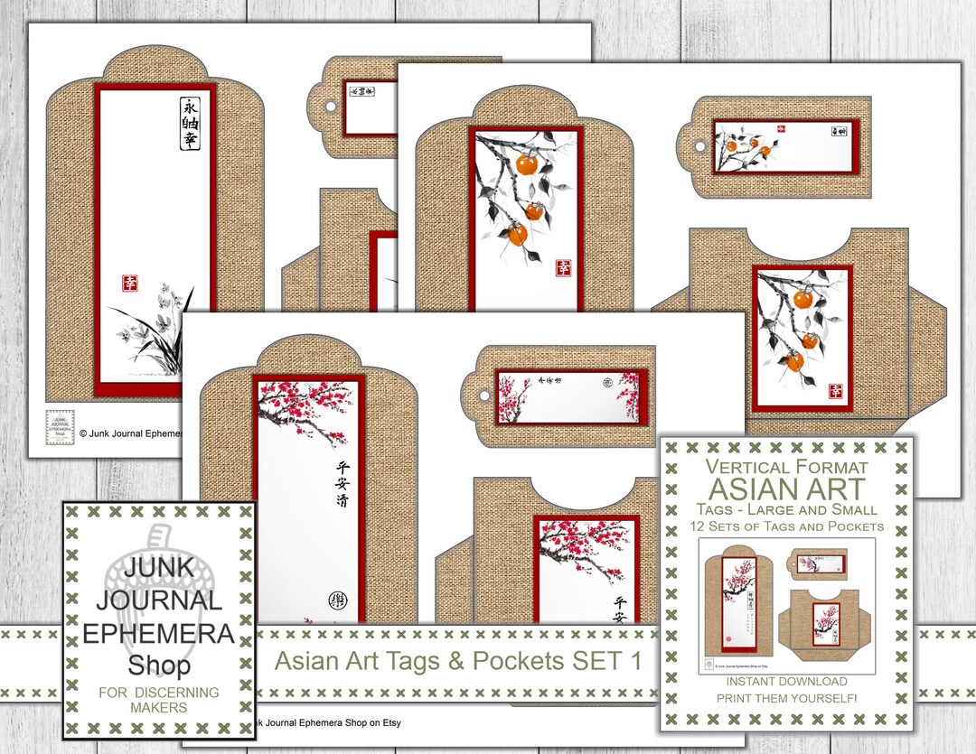 Asian Art Japanese Paintings Tags and Pockets SET 1 Vertical Format - Etsy