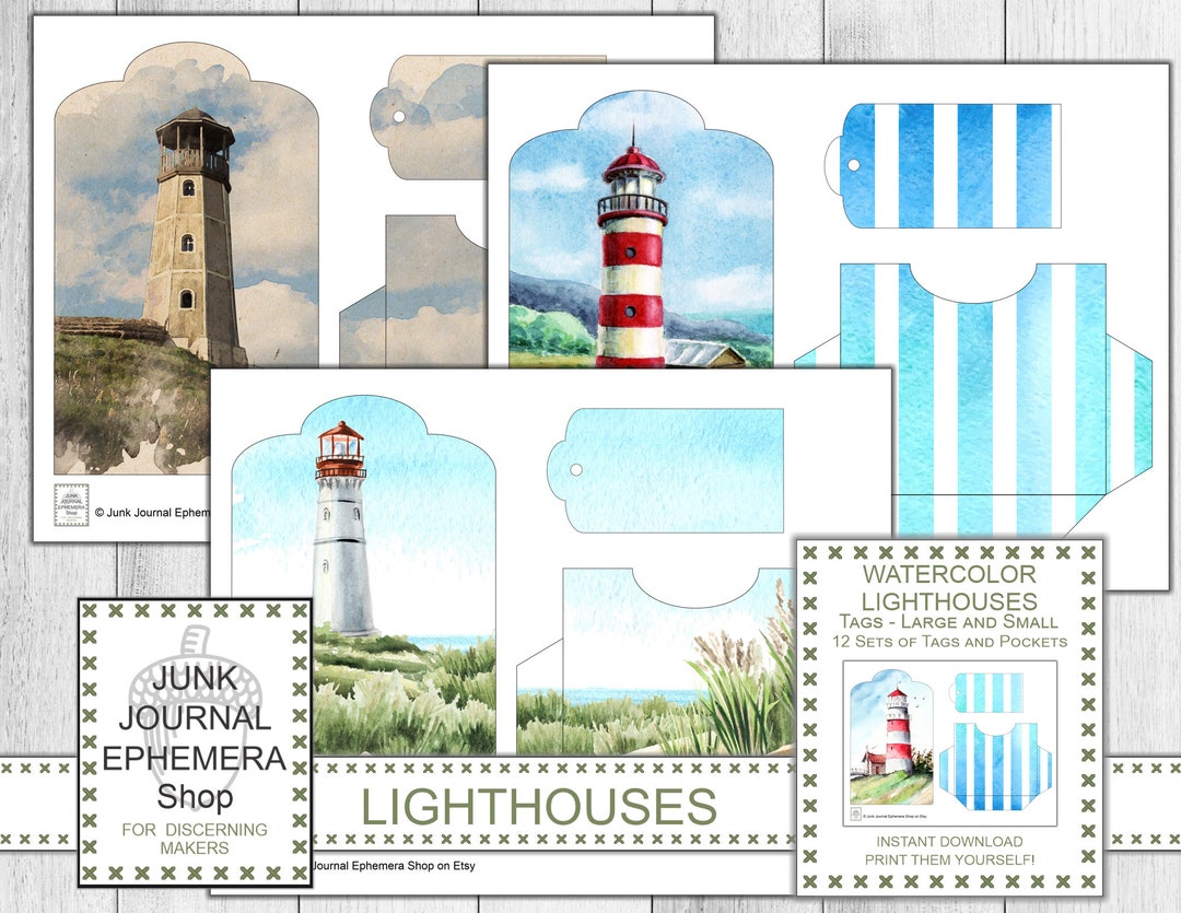 Watercolor Lighthouse Tags and Pockets, Junk Journal Tags, Junk Journal ...