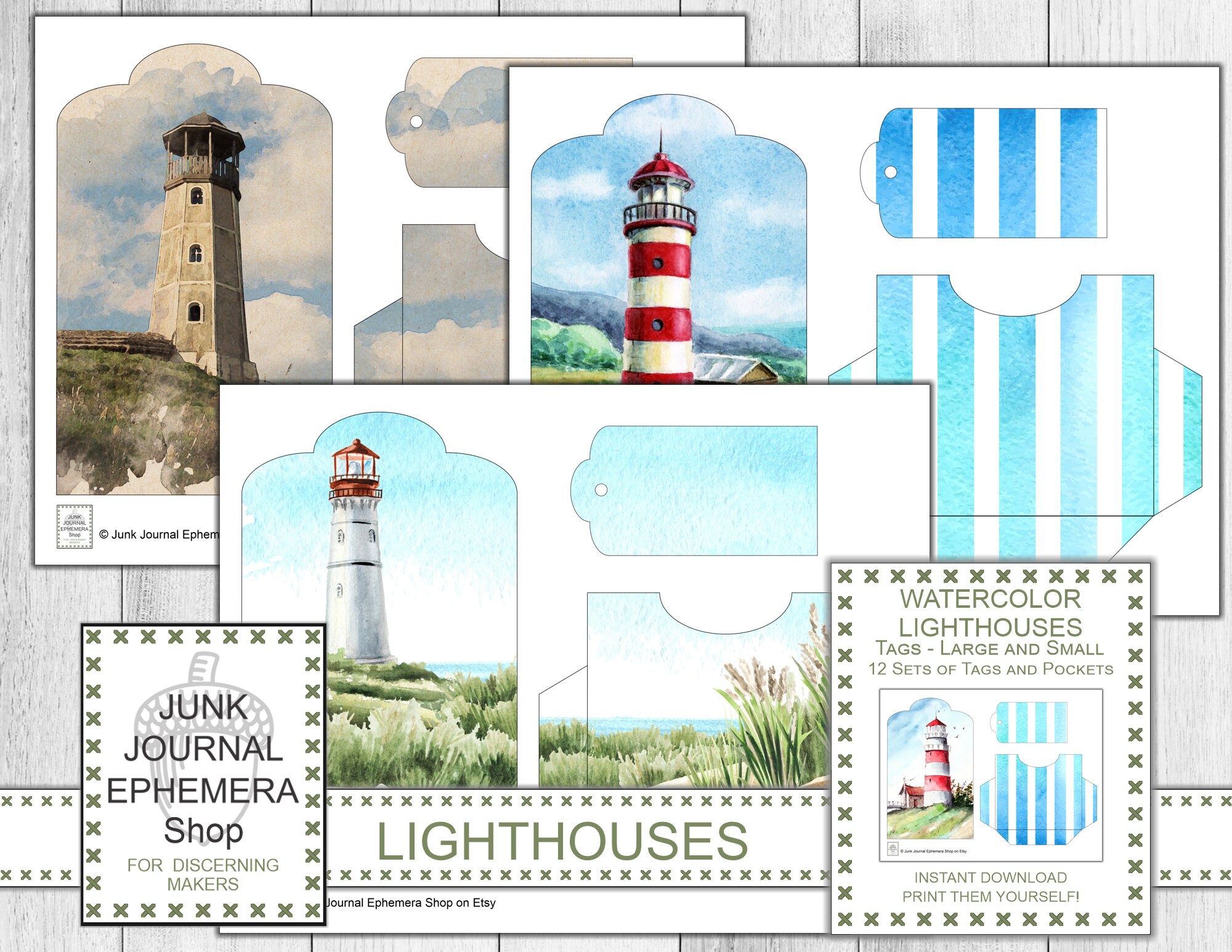 Watercolor Lighthouse Tags and Pockets Junk Journal Tags - Etsy