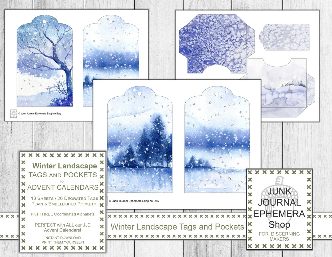 Winter Landscape Tags and Pockets, Christmas DIY, Christmas Ephemera ...